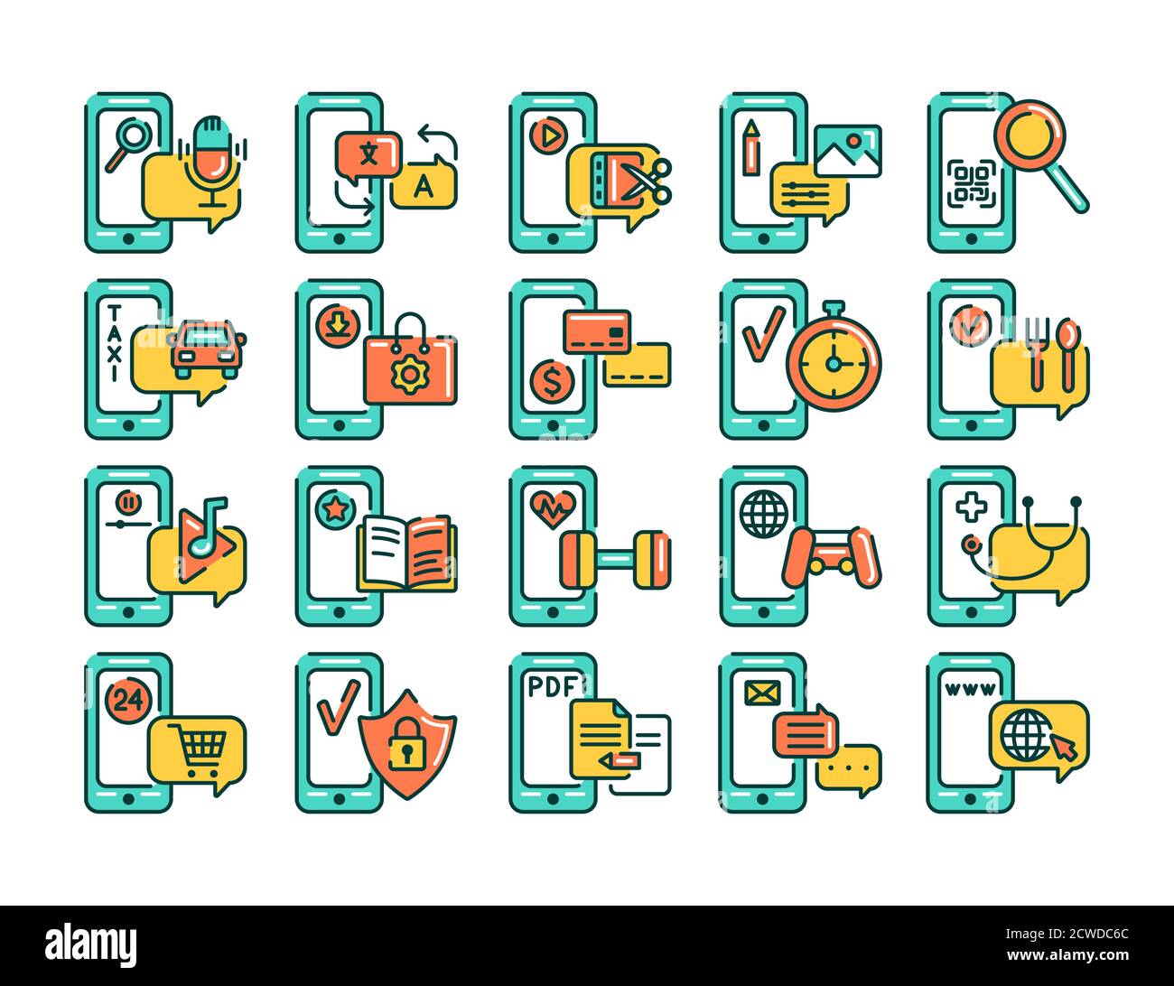 Mobile applications in smartphone color line icons set. Pictograms for ...