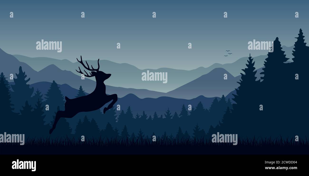 jumping moose in wildlife on blue mountain and forest landscape vector ...