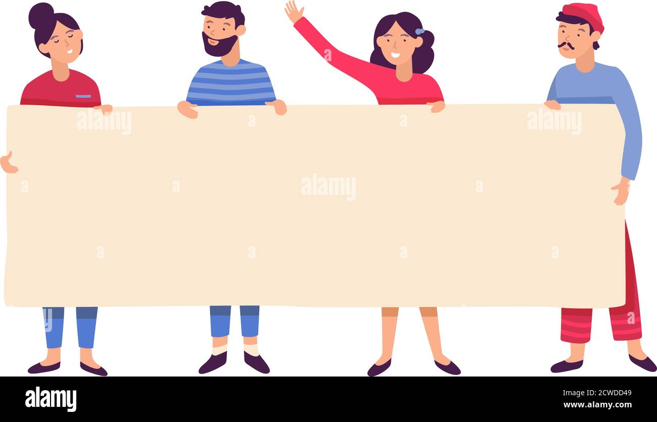 Young persons group holding blank poster sign. Advertising announcement ...