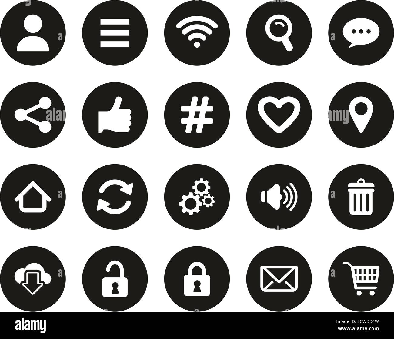 App Menu Icons White On Black Flat Design Circle Set Big Stock Vector ...