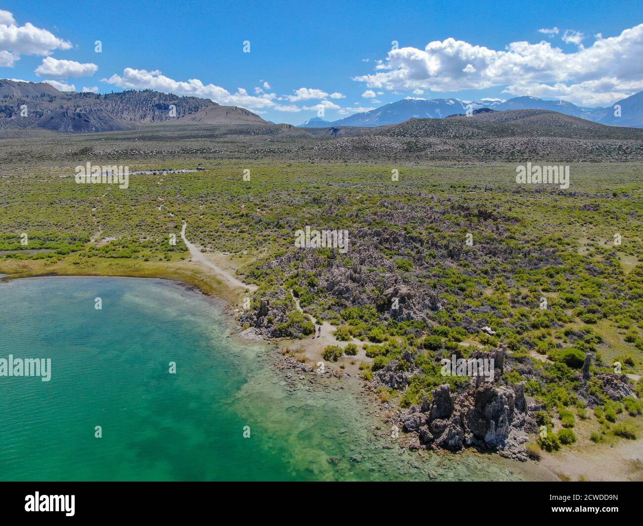 Aerial view of Mono Lake with tufa rock formations during summer season ...