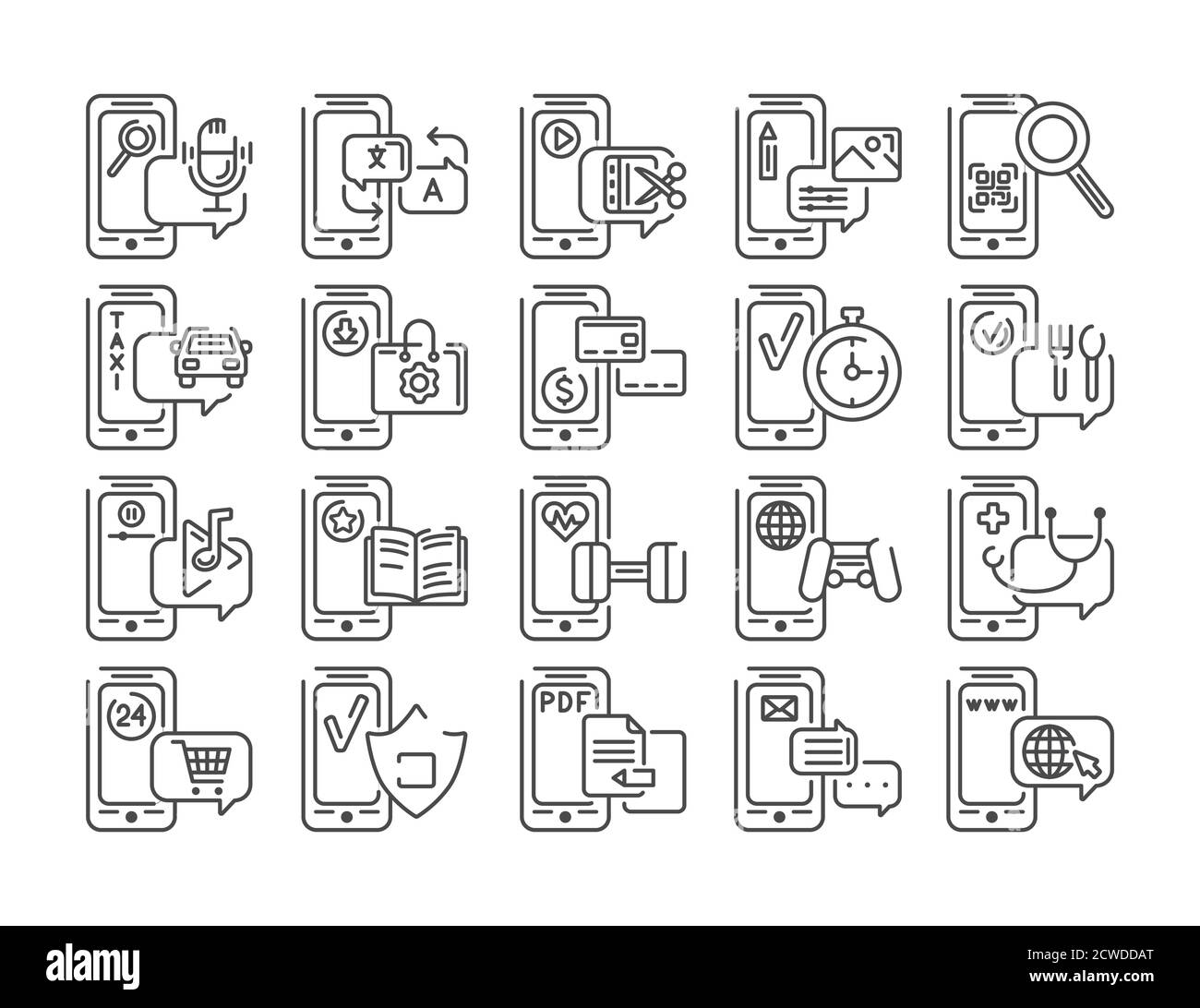 Mobile applications in smartphone black line icons set. Pictograms for web page, mobile app ...