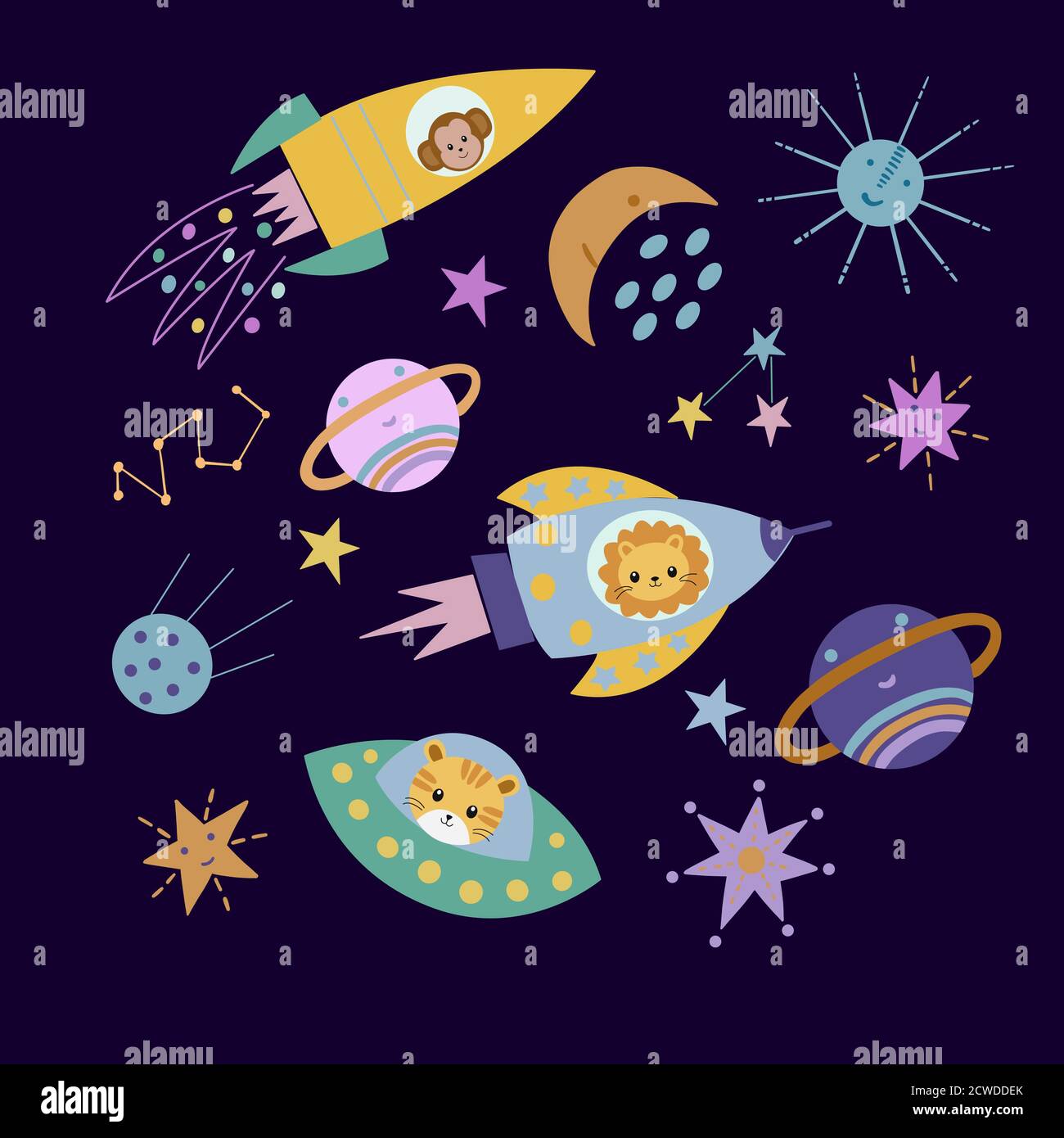 Set of cartoon animals flying in space. Image on a dark blue background ...