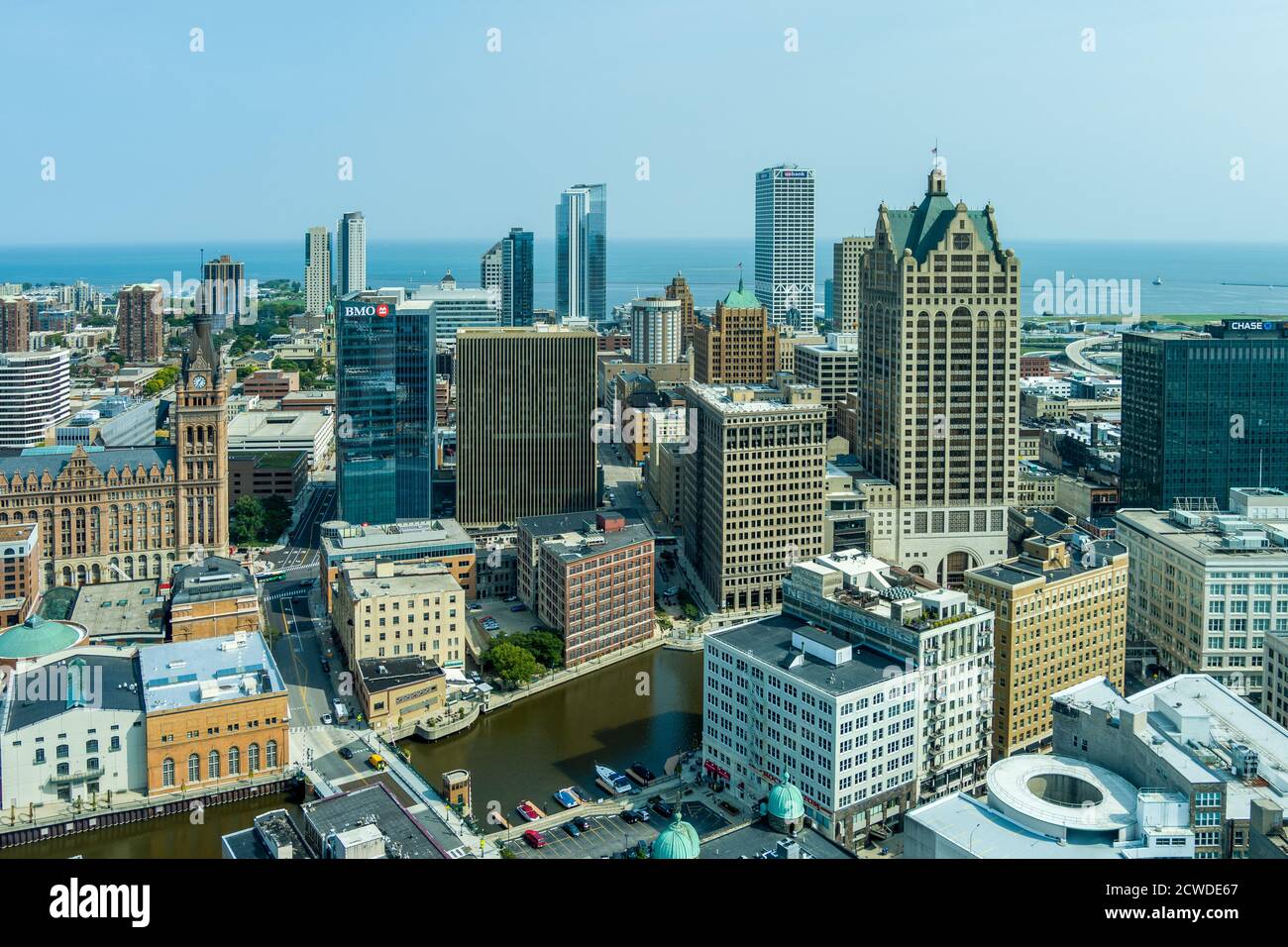 Milwaukee, WI: 23 September 2020: An aerial image of downtown Milwaukee ...