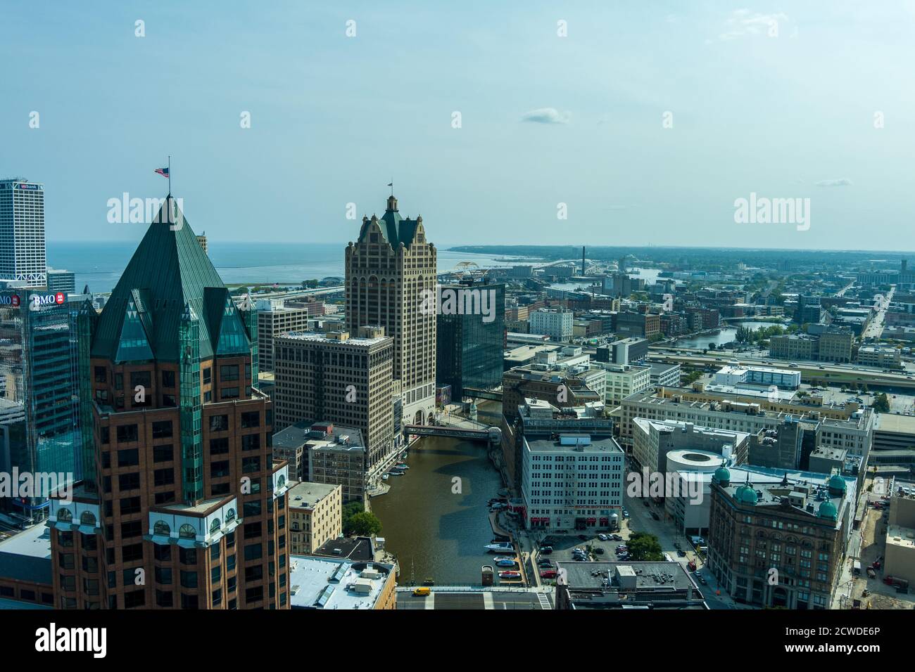 Milwaukee, WI: 23 September 2020: An aerial image of downtown Milwaukee ...