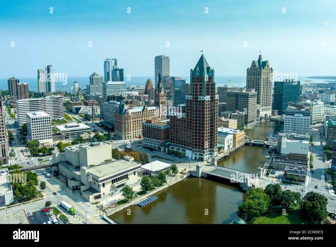Milwaukee, WI: 23 September 2020: An aerial image of downtown Milwaukee ...