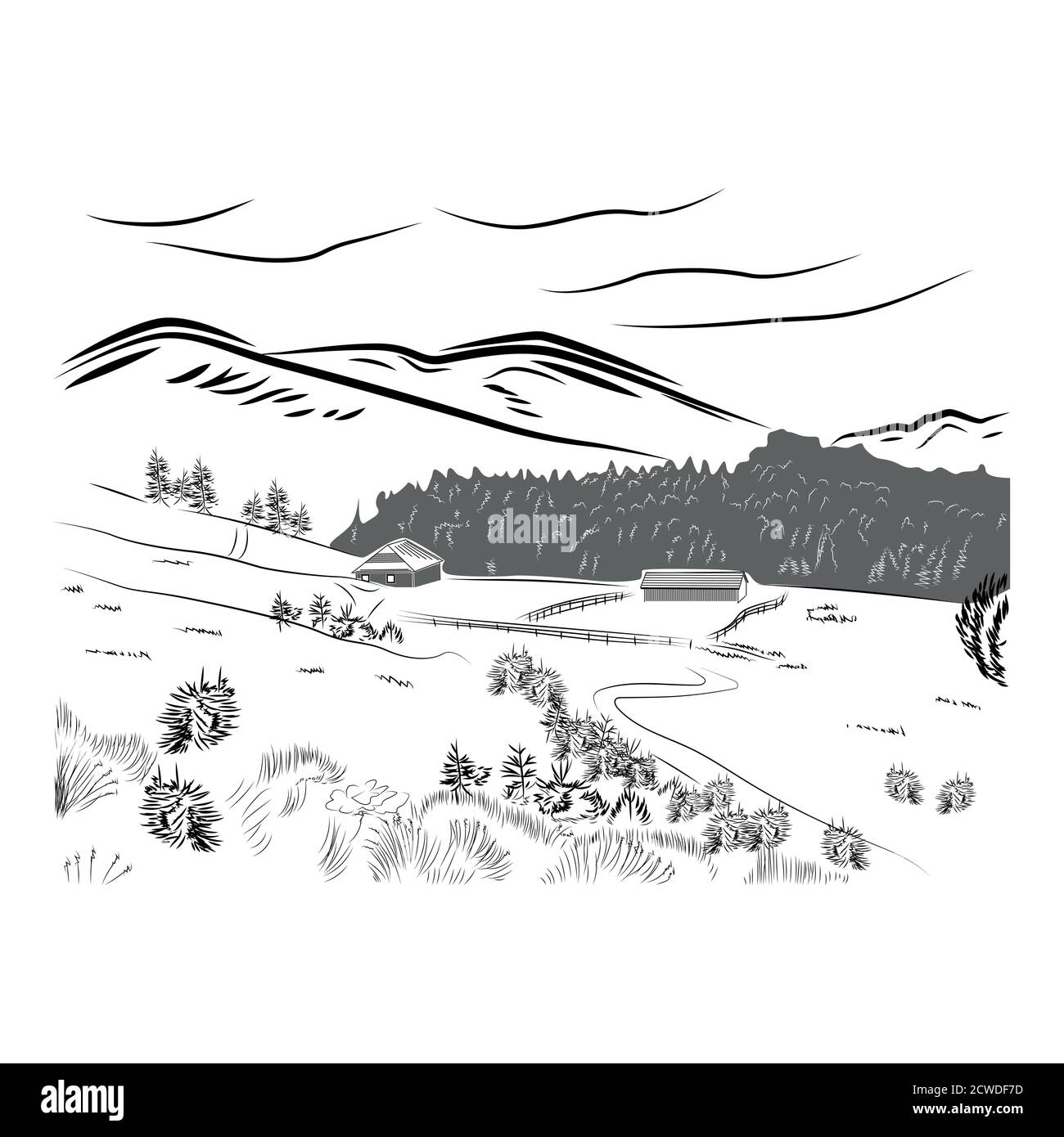 Hand drawn landscape with road to house and pine forest. Sketch line ...