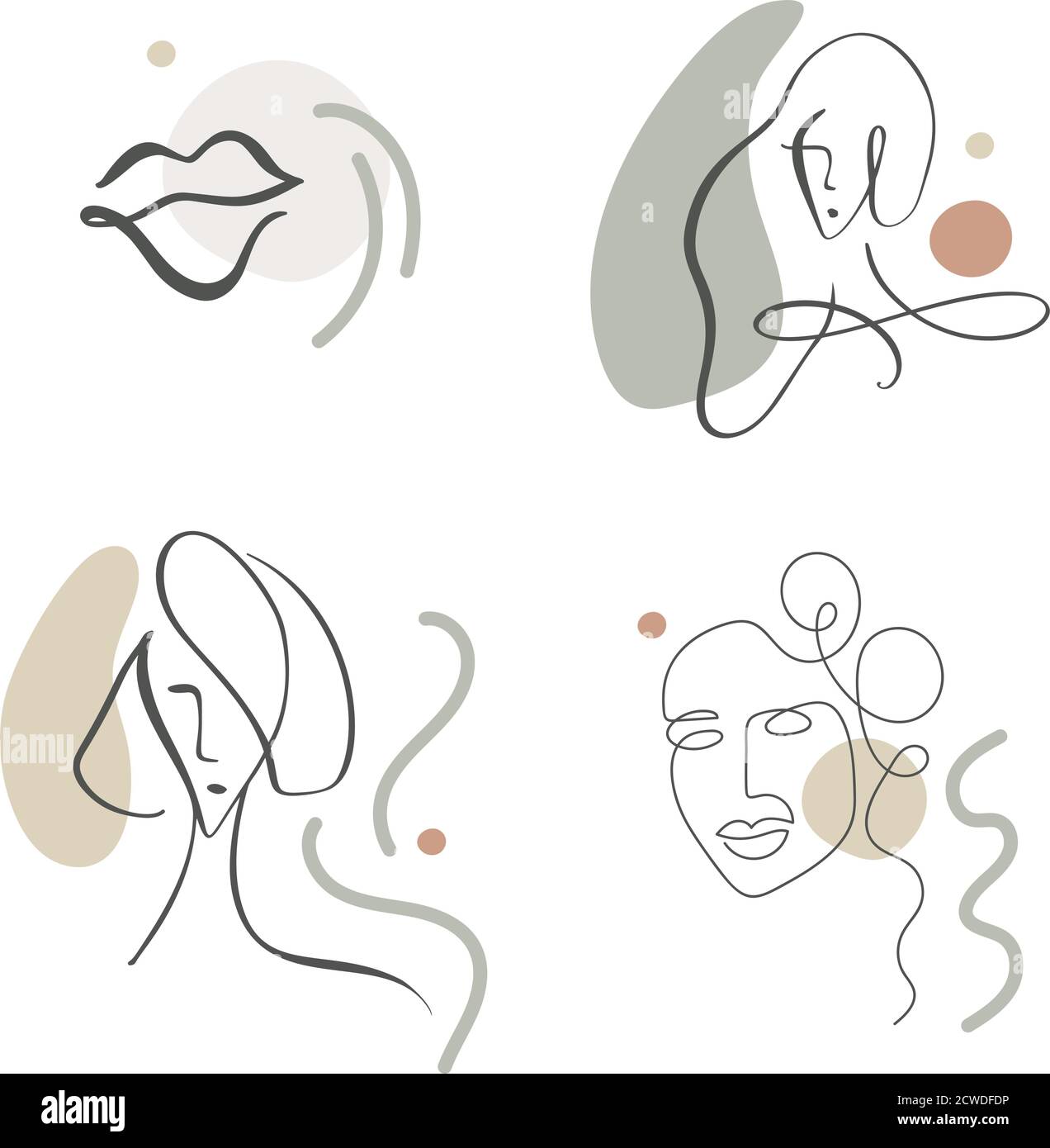 Continuous line, abstract drawing of set faces and hairstyle, fashion ...