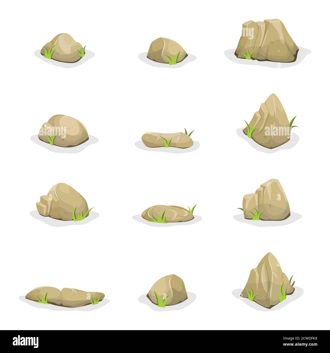 rocks and boulders with grass leaves set. cartoon icon design template ...
