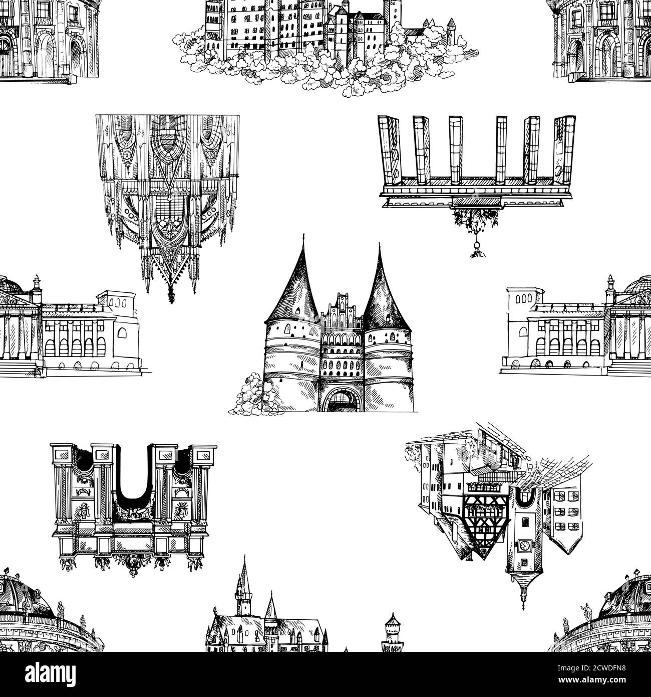 Seamless pattern of hand drawn sketch style German landmarks isolated ...