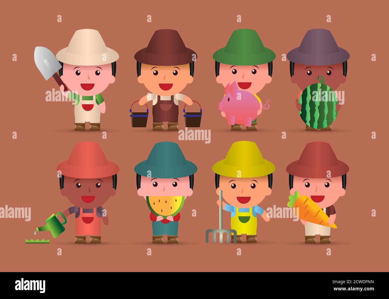 cute farmer collection cartoon icon design template with various models ...