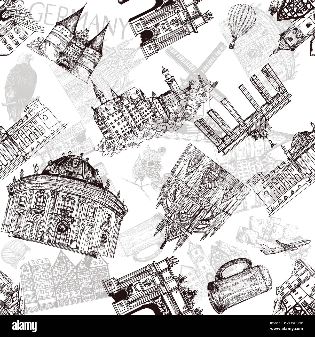 Seamless pattern of hand drawn sketch style Germany related landmarks ...