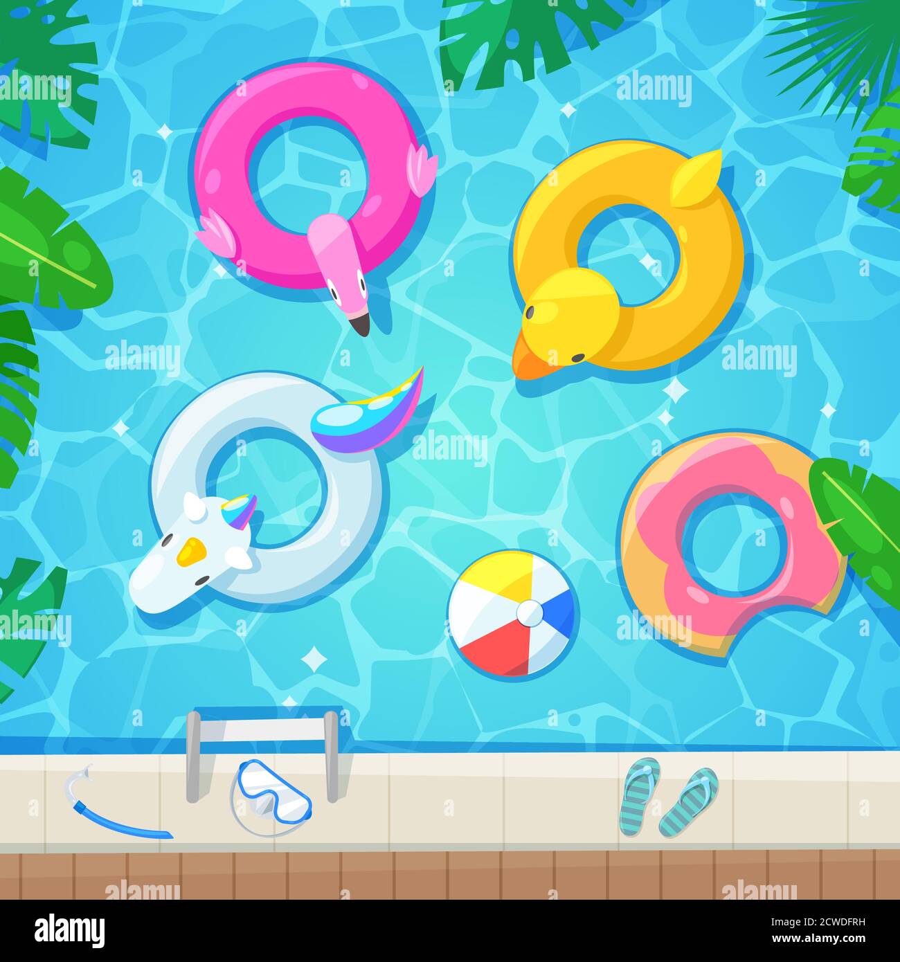 Swimming pool with colorful floats, top view vector illustration. Kids ...