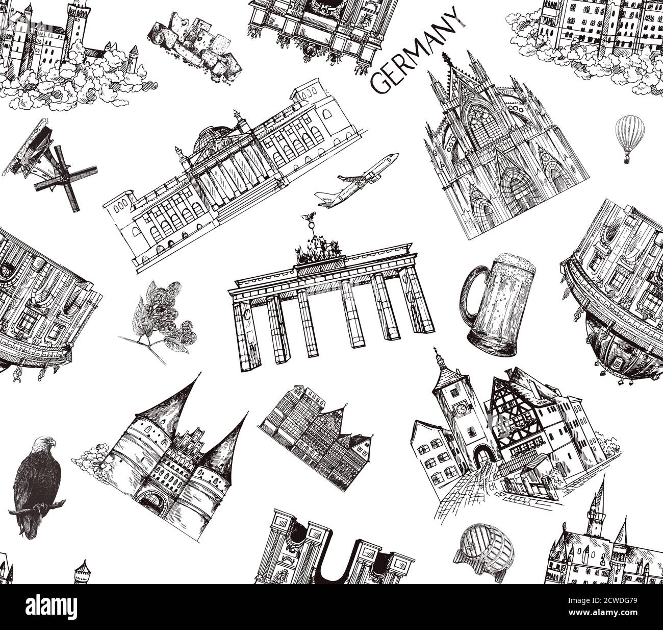 Seamless pattern of hand drawn sketch style Germany related landmarks ...