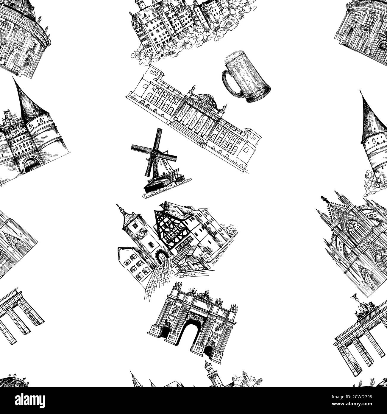 Seamless pattern of hand drawn sketch style German landmarks isolated ...