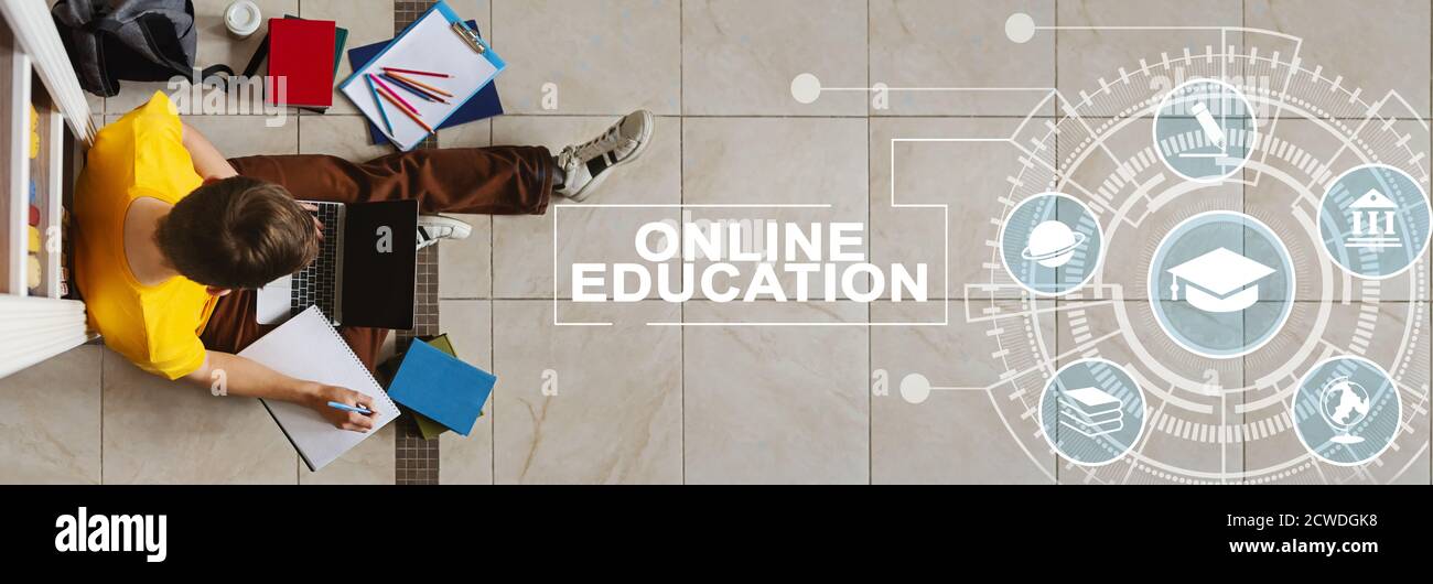 Student Using Laptop Sitting On Floor In Library, Top-View, Collage ...