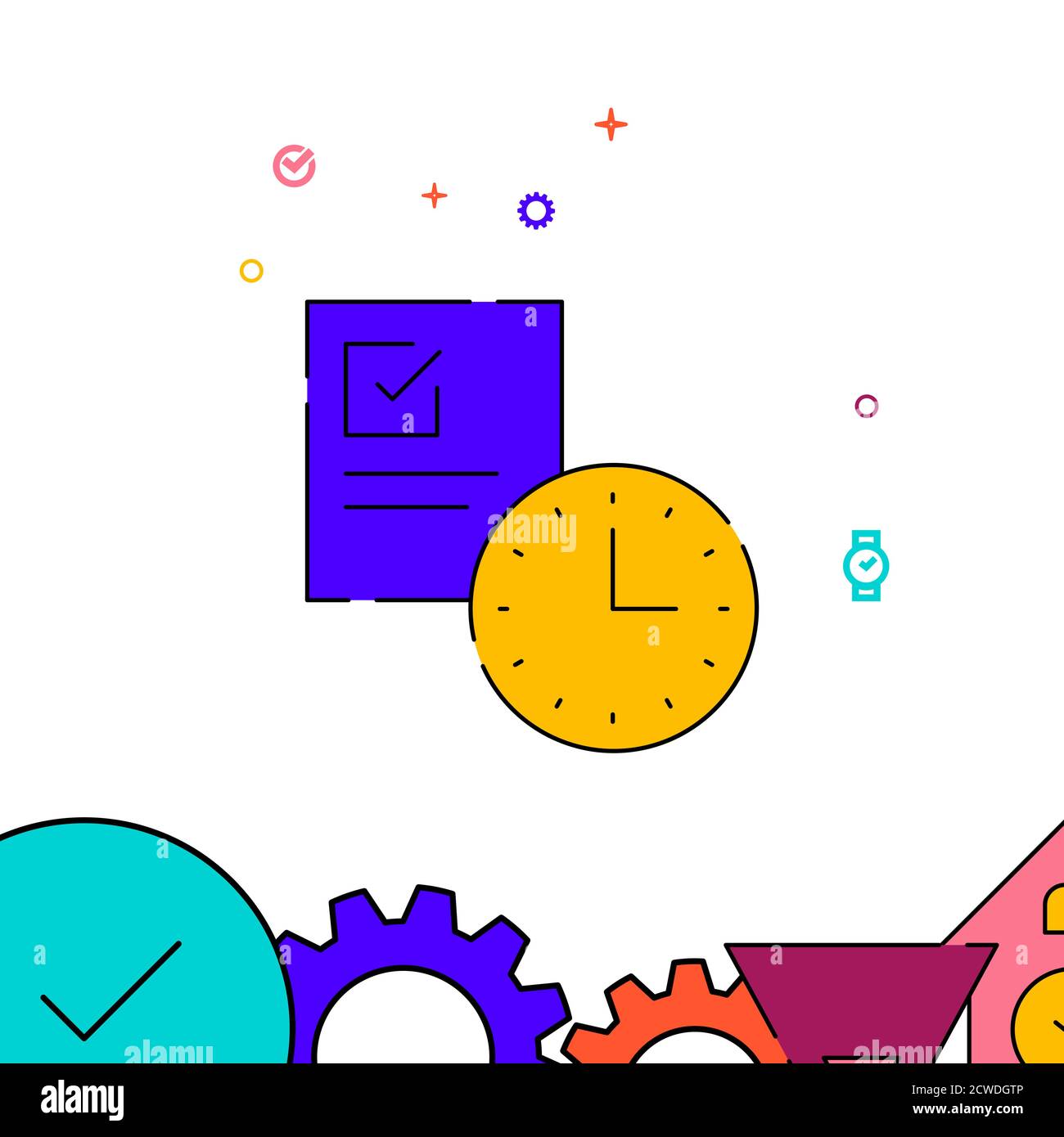 Planning, schedule filled line vector icon, simple illustration, clock ...