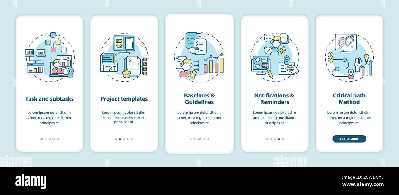 Remote work software structure onboarding mobile app page screen with concepts Stock Vector ...