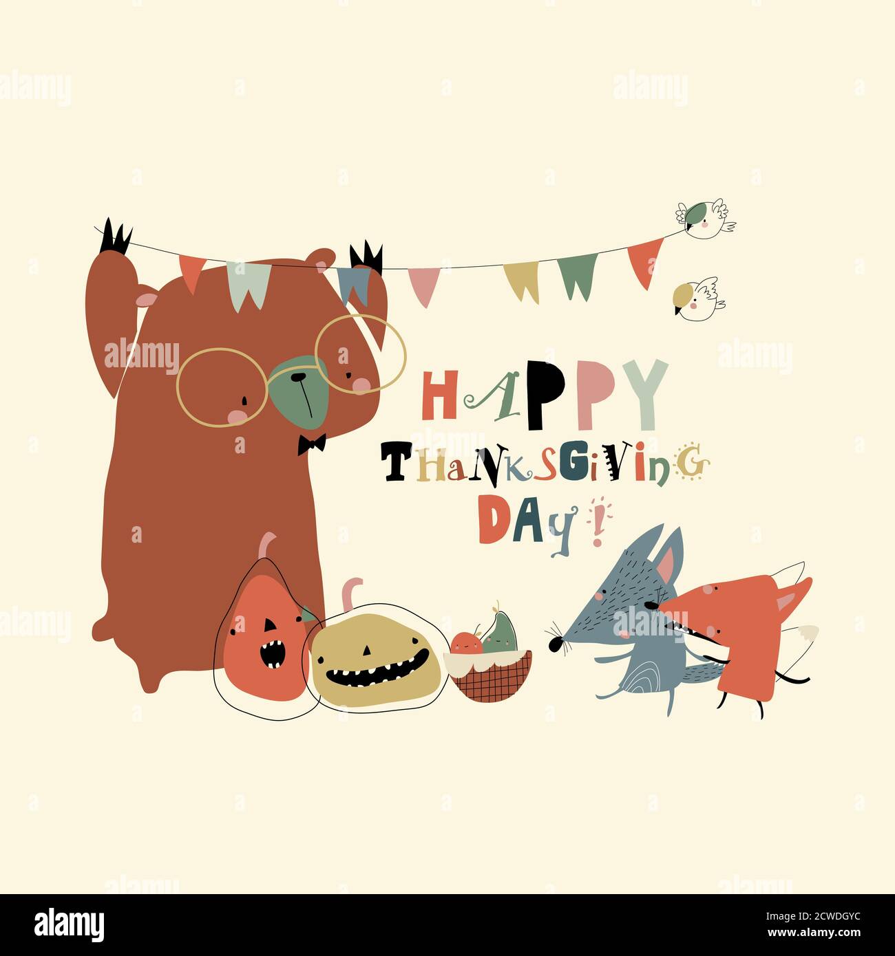 Cute cartoon happy animals celebrating Thanksgiving day Stock Vector ...