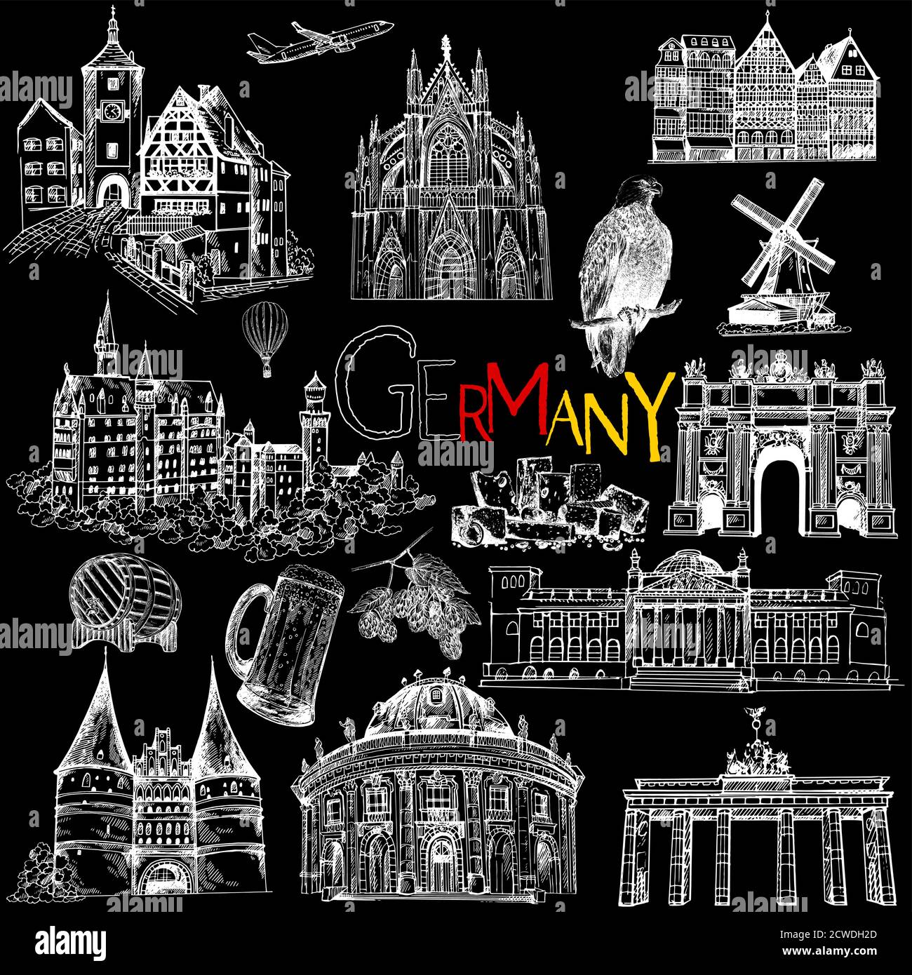Set of hand drawn sketch style Germany related landmarks and different ...