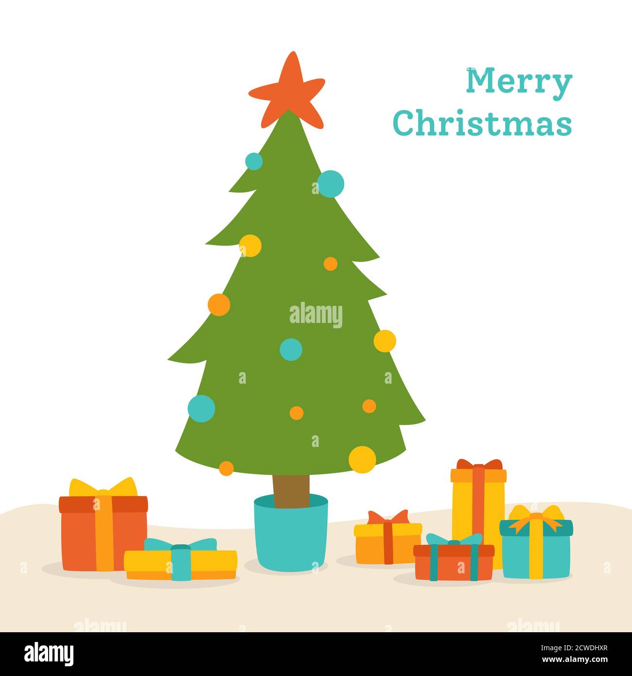 Christmas greeting card, tree with boxes gifts. New Year and xmas ...