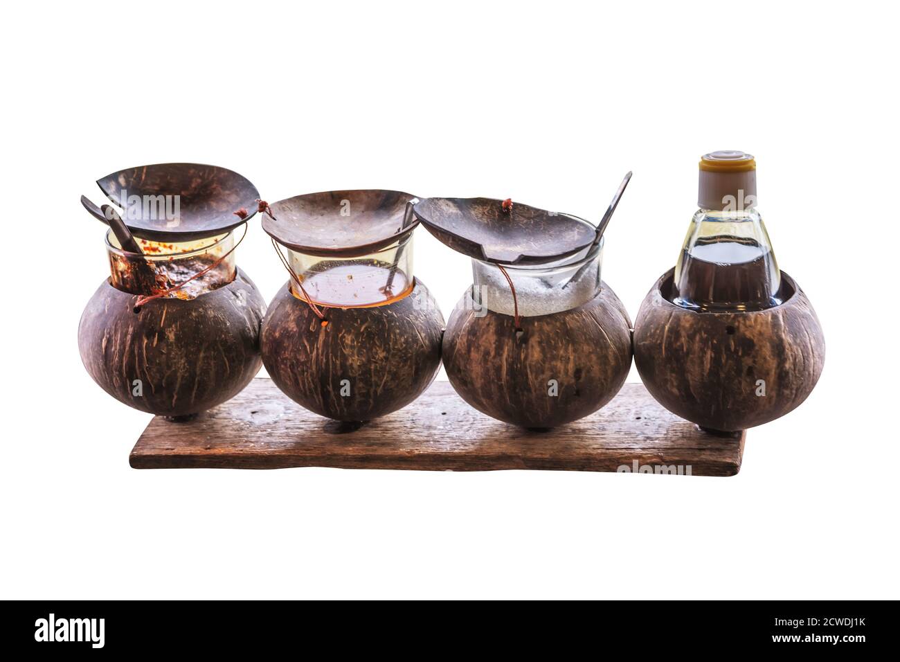 Set of Glass Condiment Dispenser in A Coconut shell Condiment Holder ...