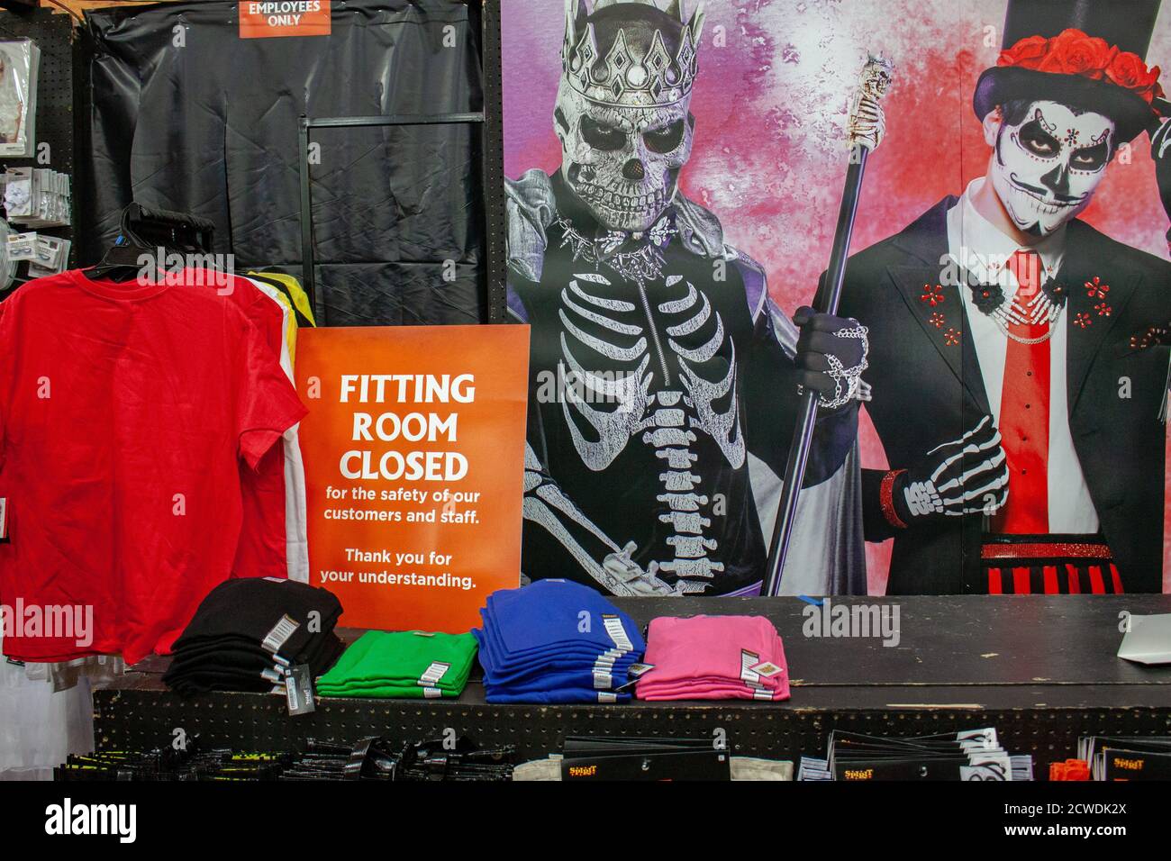 Sign inside a Spirit Halloween store indicating that the costume ...