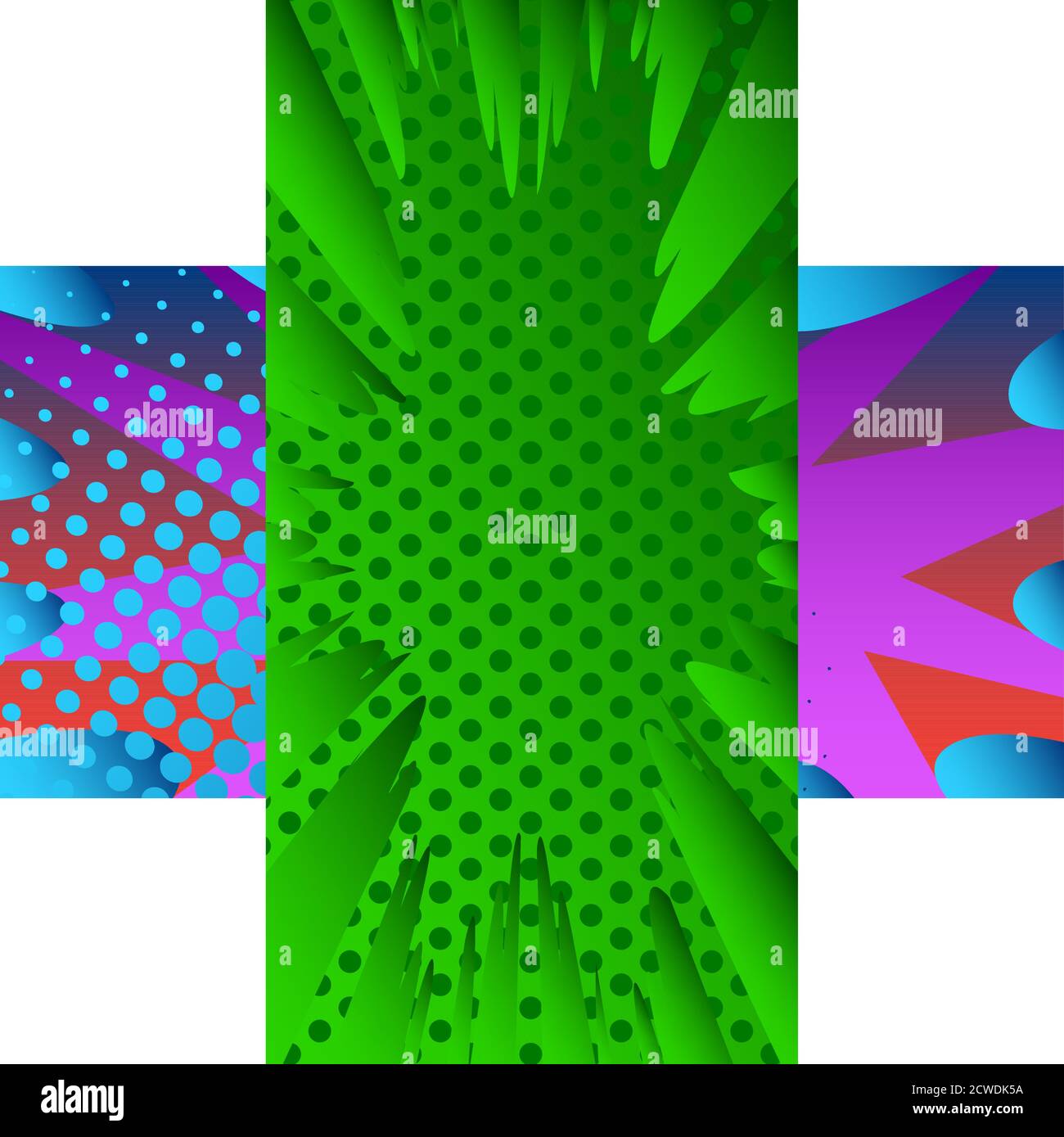 Comic book backgrounds on each others in cross shape with white corners ...