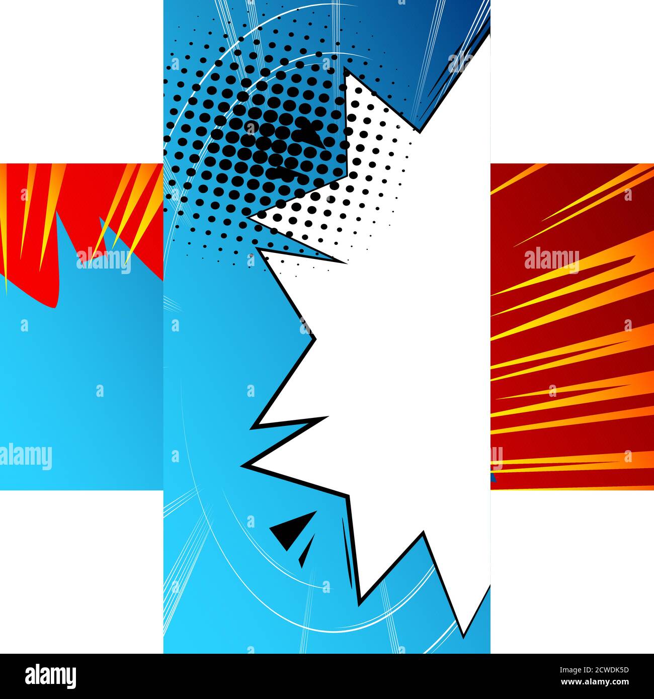 Comic book backgrounds on each others in cross shape with white corners ...