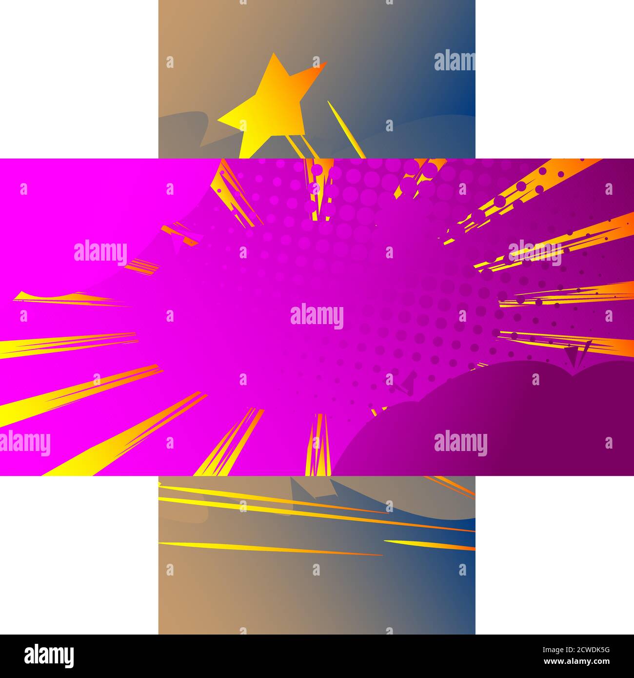 Comic book backgrounds on each others in cross shape with white corners ...