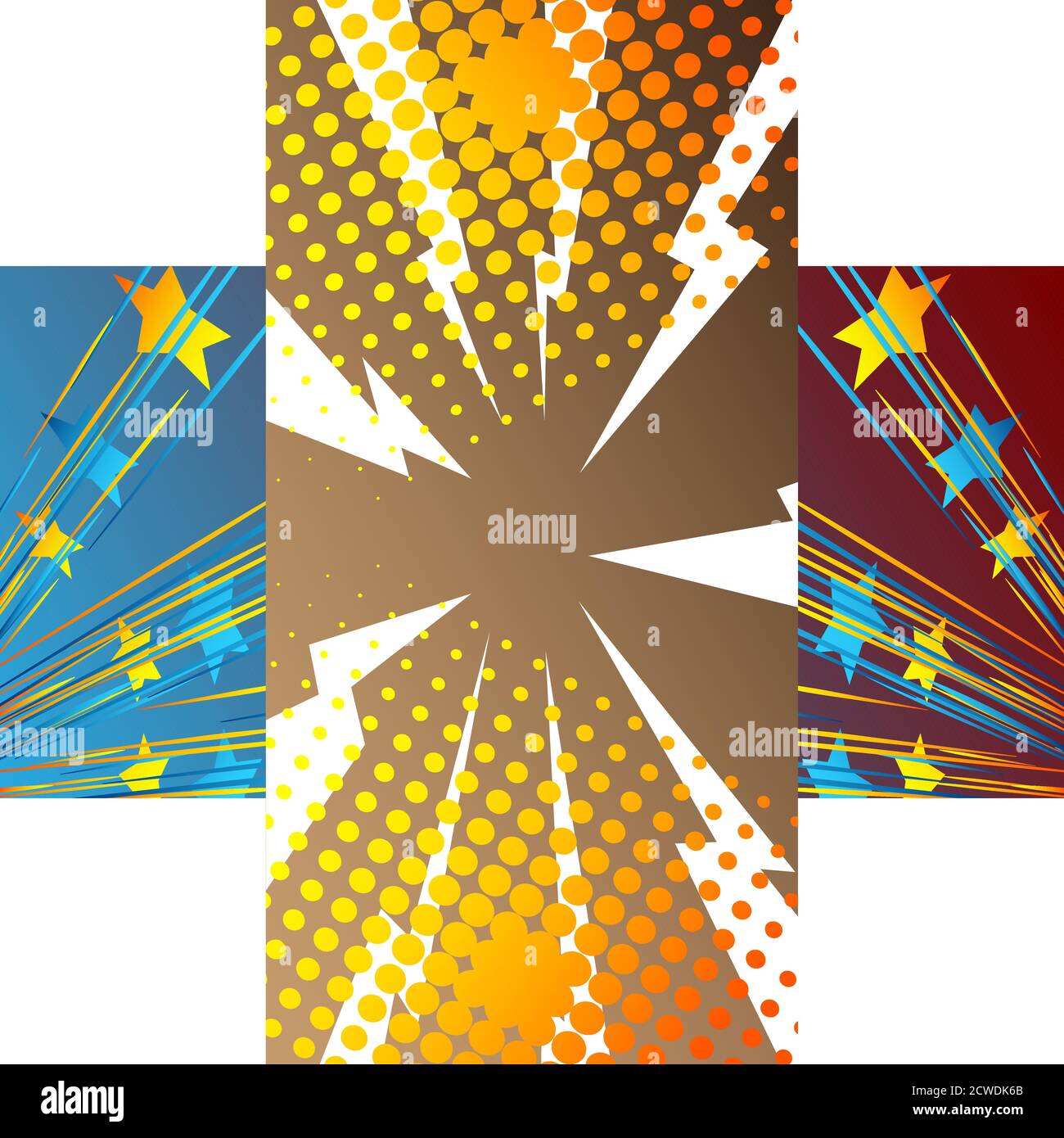Comic book backgrounds on each others in cross shape with white corners ...