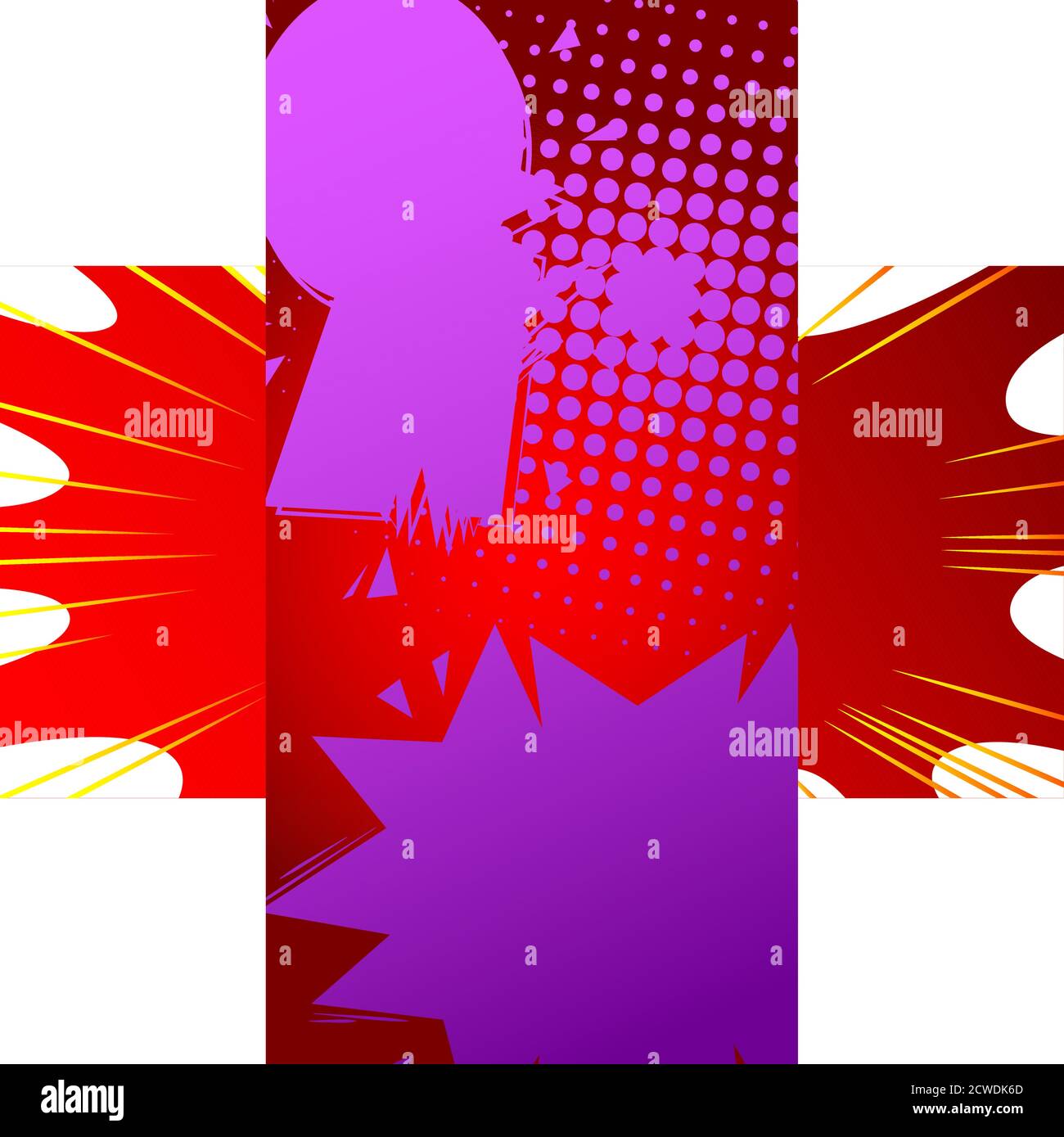 Comic book backgrounds on each others in cross shape with white corners ...