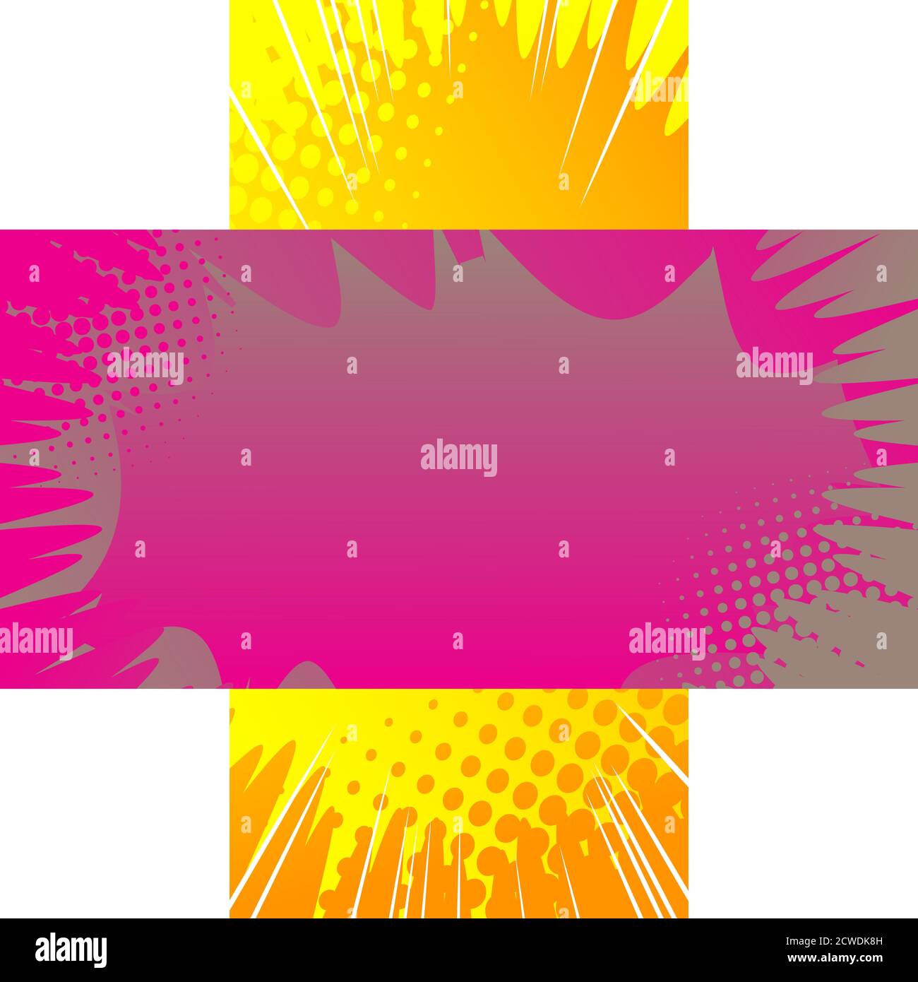 Comic book backgrounds on each others in cross shape with white corners ...