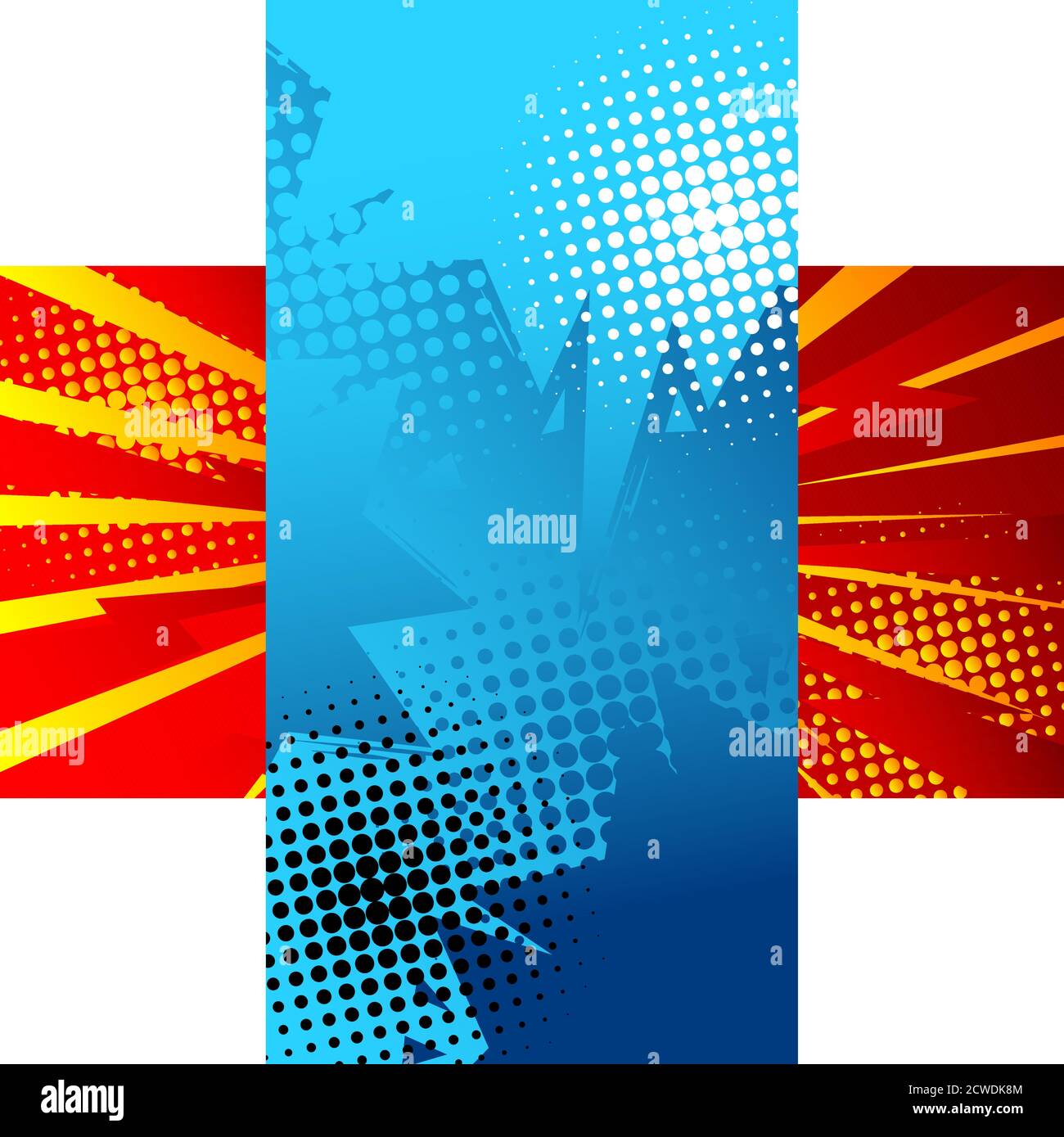 Comic book backgrounds on each others in cross shape with white corners ...