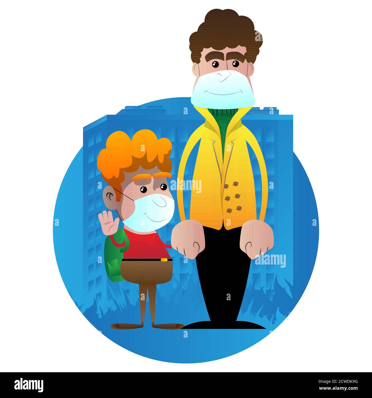 Covid prevention. Father taking to school his son, both wearing mask ...