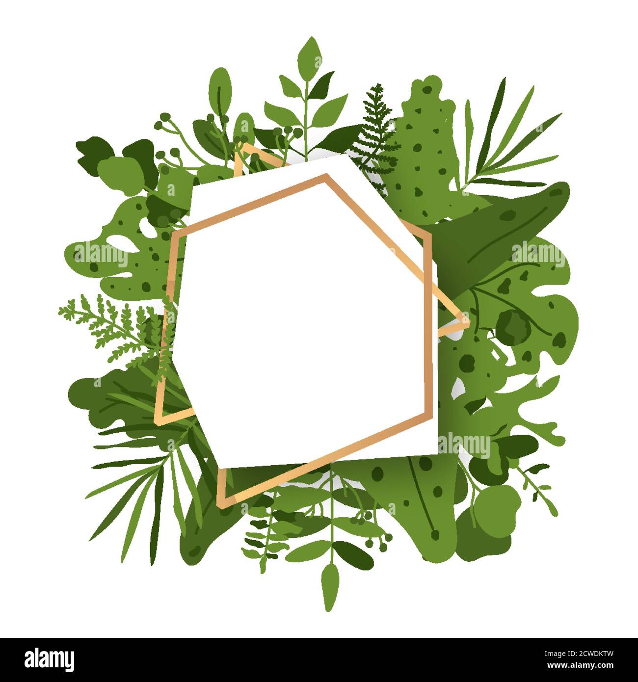 Abstract polygonal gold floral frame with green exotic tropical leaves ...