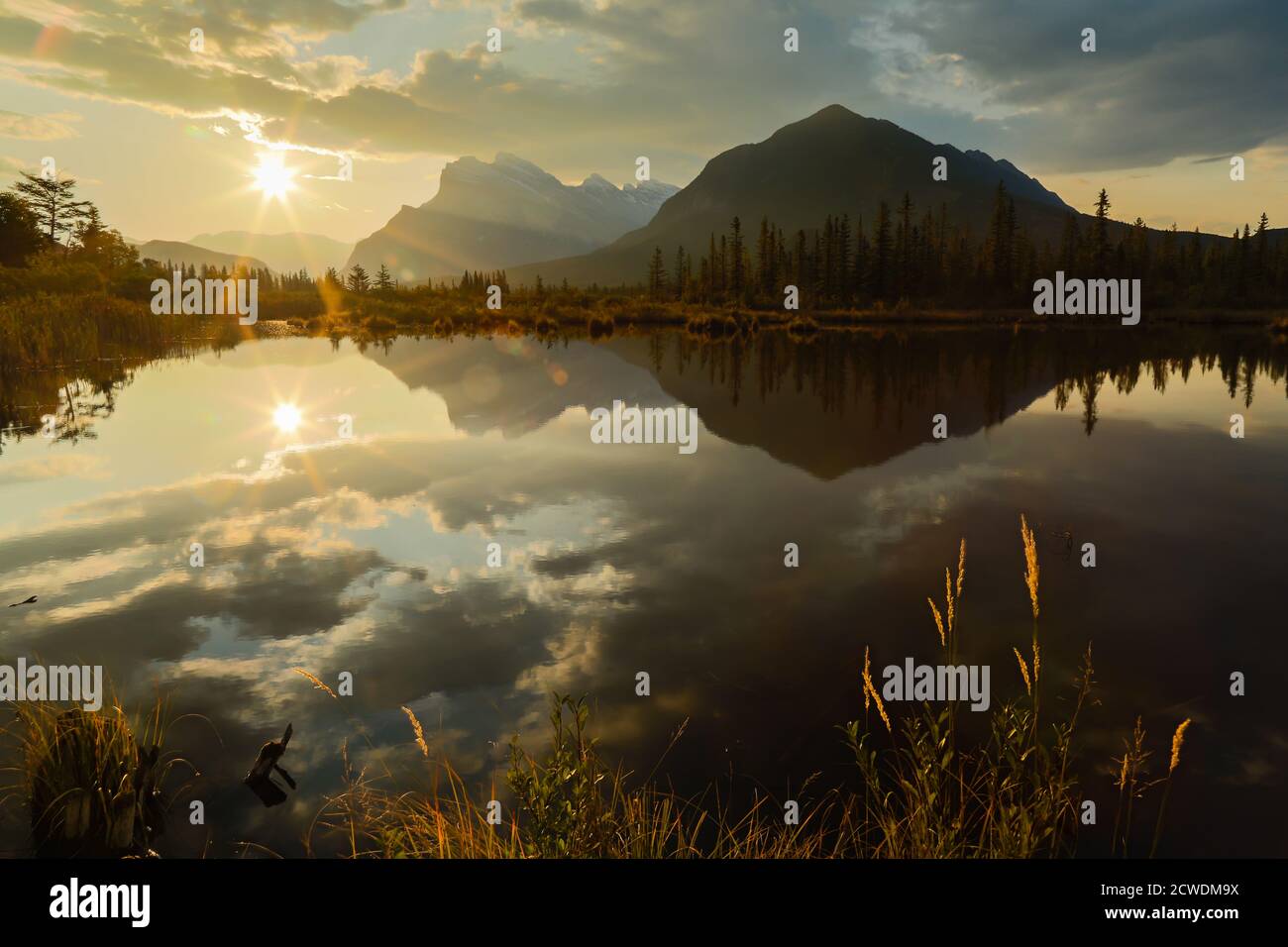 Autumn summer sunrise on Vermilion Lakes with Sulphur Mountain and ...