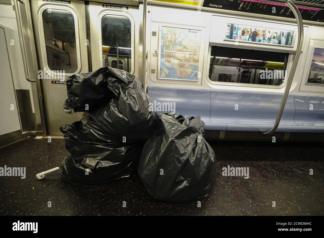 New York, USA. 5th May, 2020. A homeless person's property on a subway ...
