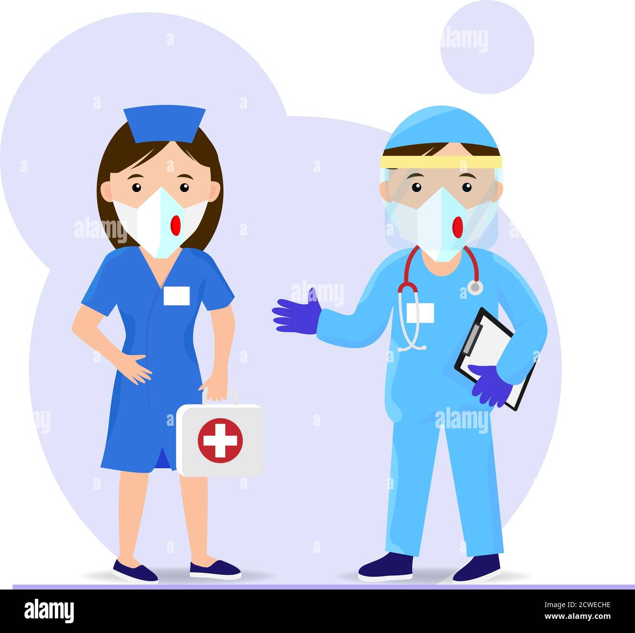 Doctor and nurse in medical masks in cartoon flat style. First aid box ...