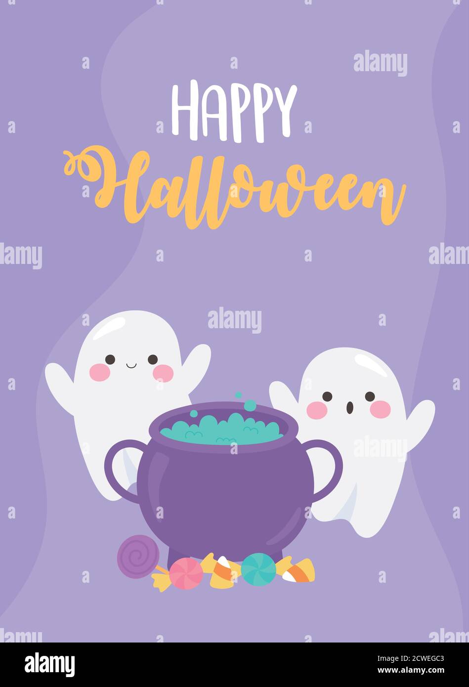 happy halloween, funny ghosts cauldron and candies treat or trick ...