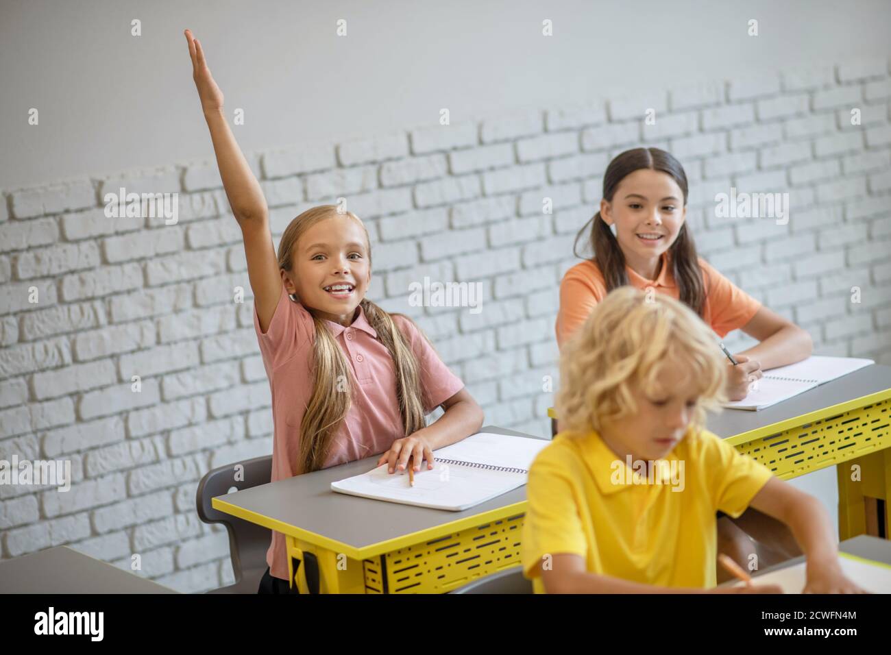 Long-haired girl raising her hand ready to answer Stock Photo - Alamy
