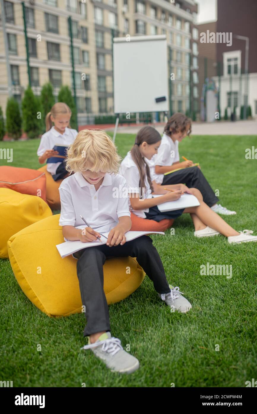 Group of schoolchildren having a lesson outside and looking ...