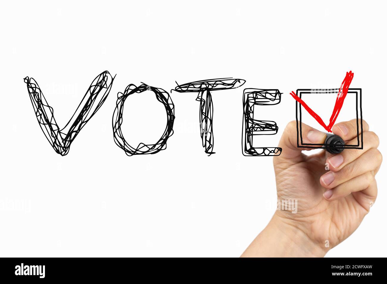 Vote phrase and checkbox on a whiteboard, written with black marker in ...