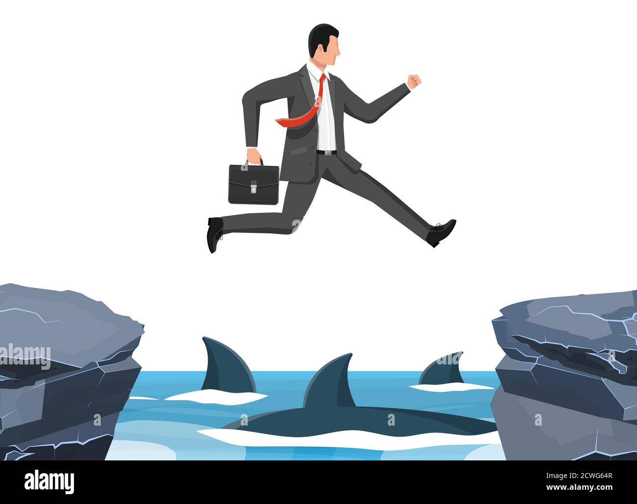 Businessman jumping over shark in water. Business man in suit with ...