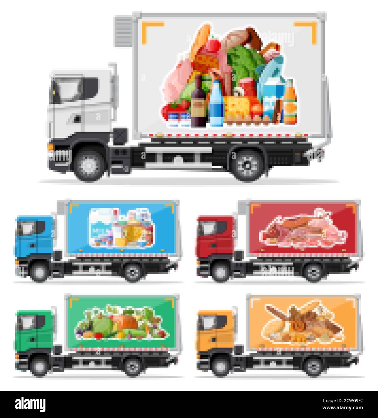 Truck car full of food products. Shop and farm delivering service ...