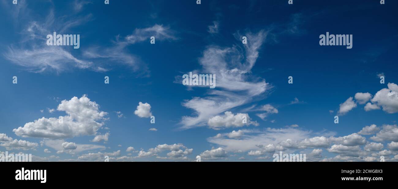 White cumulus clouds in blue sky panoramic high resolution background ...