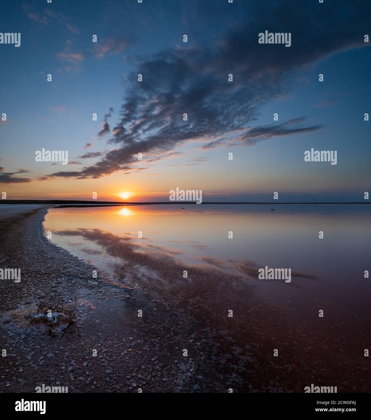 Sunset on the Genichesk pink extremely salty lake (colored by ...