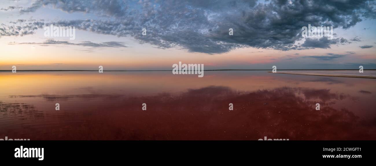 Sunset on the Genichesk pink extremely salty lake (colored by ...