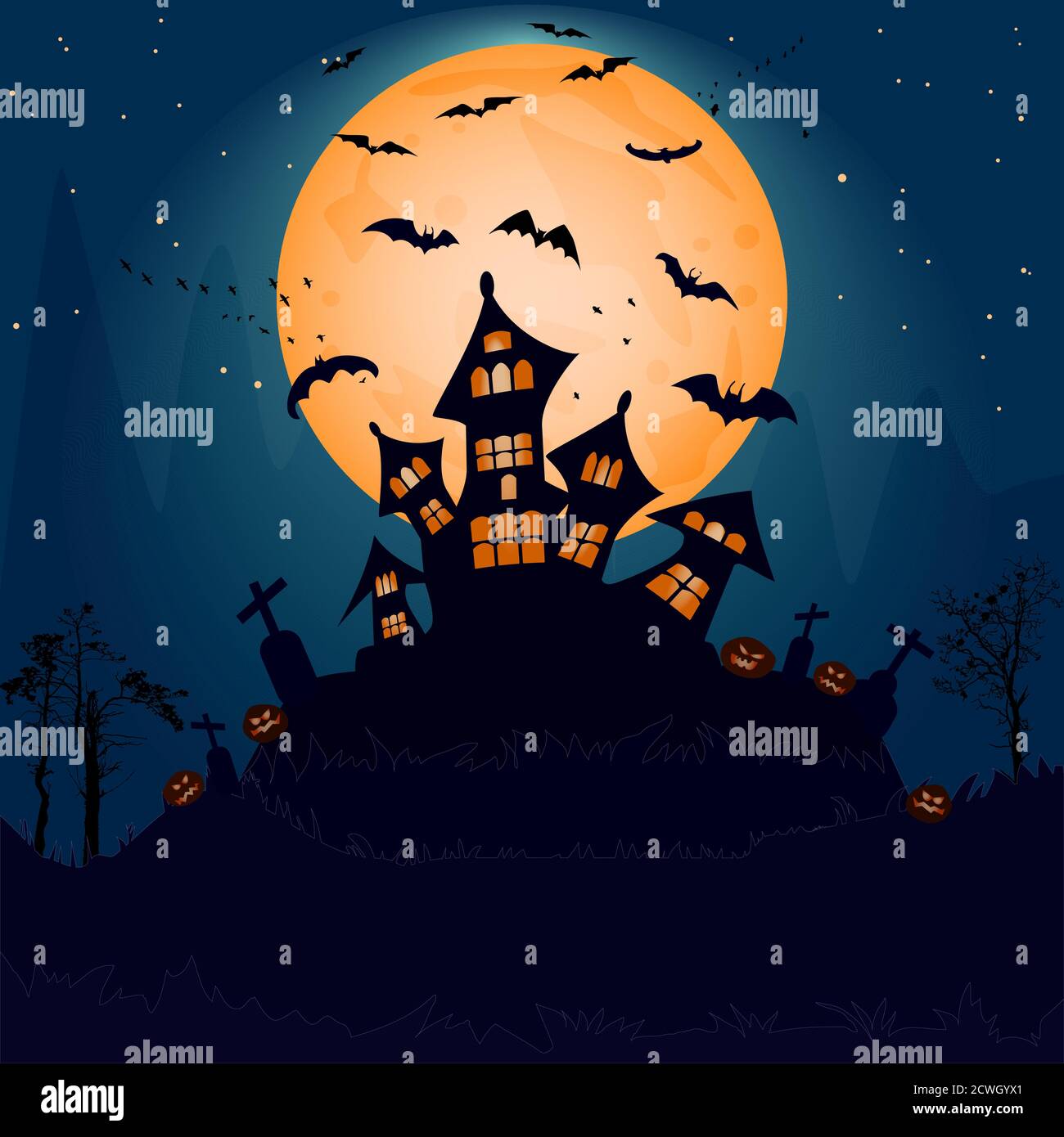 Halloween night background with creepy castle, moon, cemetery cross ...