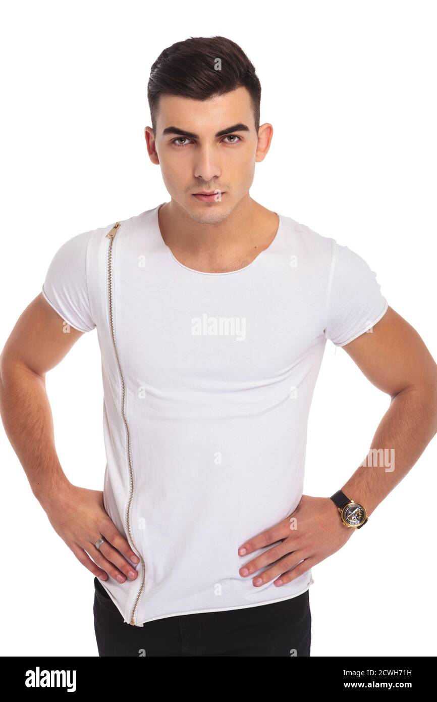 fit young casual man standing with hands on waist isolated on white ...